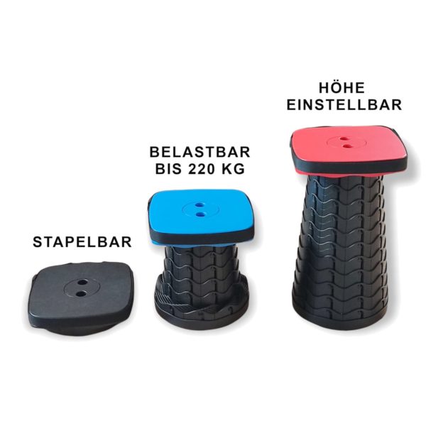 Höhenverstellbarer XXL Sitzhocker. Robust, stapelbar, mobil
